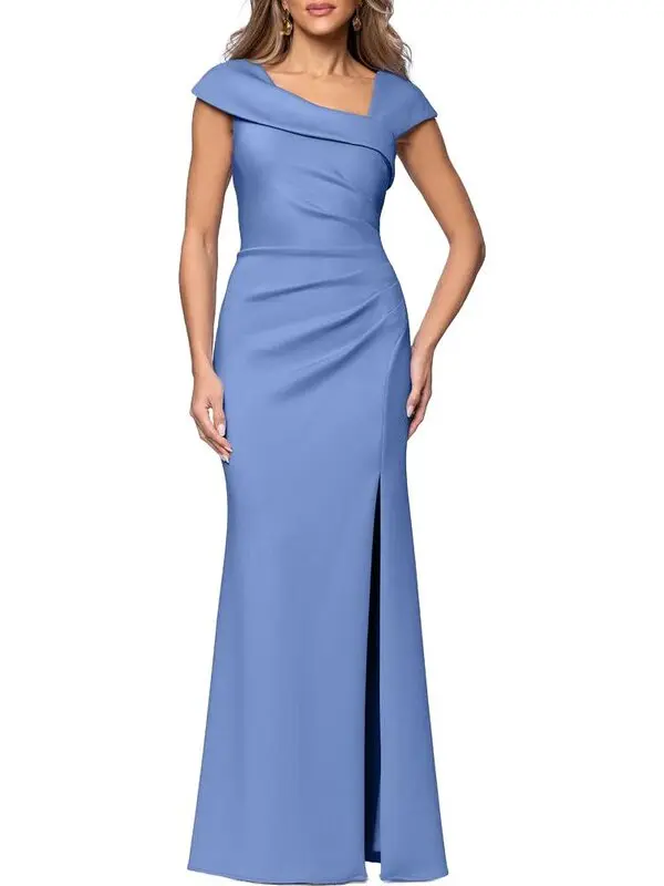 XSCAPE EVENINGS Asymmetric Neck Scuba Knit Trumpet Gown - Slate