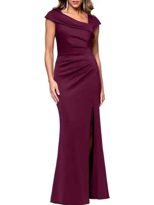 XSCAPE EVENINGS Asymmetric Neck Scuba Knit Trumpet Gown - Wine