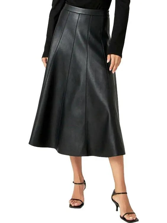 English Factory Faux Leather Midi Flared Skirt - Black