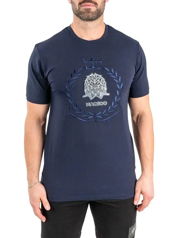 MACEOO Lion Crown Cotton Graphic T-shirt - Blue