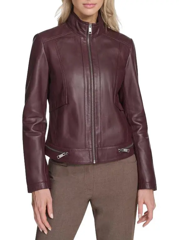 Andrew Marc Rowan Leather Racer Jacket - Burgundy