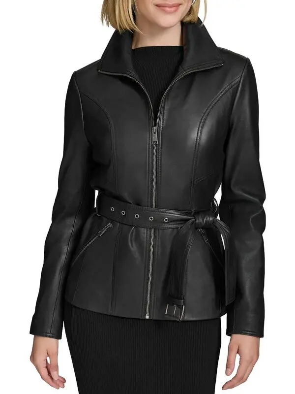 Andrew Marc Tatum Belted Leather Jacket - Black