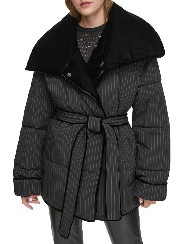 Andrew Marc Krithia Pinstripe Belted Puffer Coat - Black