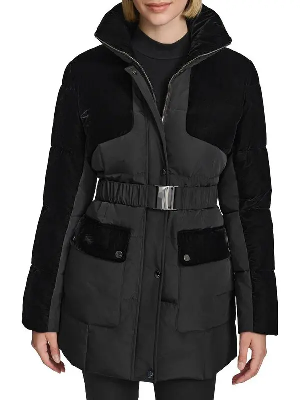 Andrew Marc Kempsey Belted Mixed Media Coat - Black