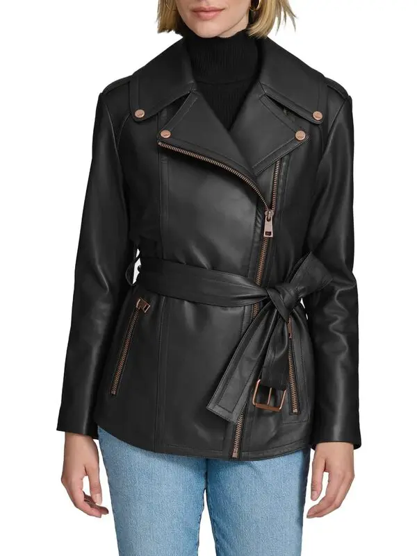 Andrew Marc Delphine Belted Leather Moto Jacket - Black