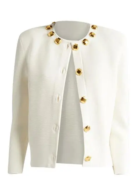 St. John Studded Piqué Cardigan - Ecru