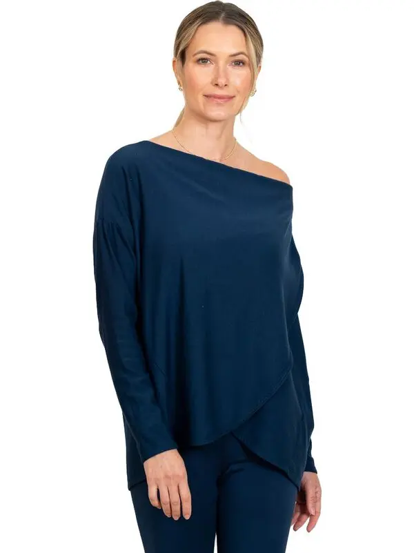 JJWINKS Fleece Off-the-shoulder Long Sleeve Top With Shelf - Navy