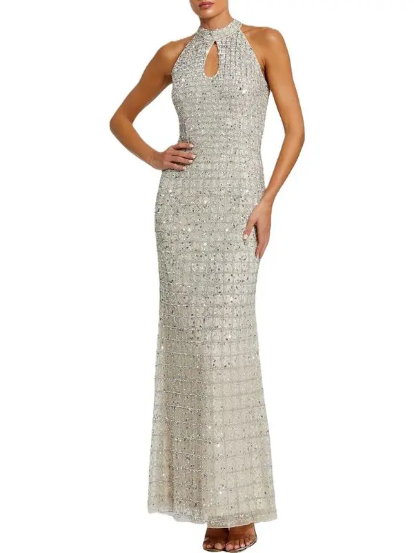 Mac Duggal Embellished Halterneck Gown - Nude Silver