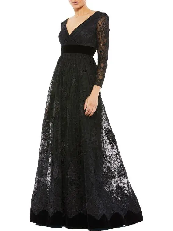Mac Duggal Lace Long Sleeve Wrap Dress - Black