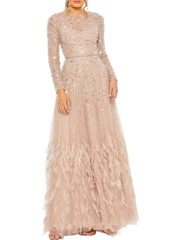 Mac Duggal Disc Embellished Sequin Gown With Feather Detail - Dusty Rose