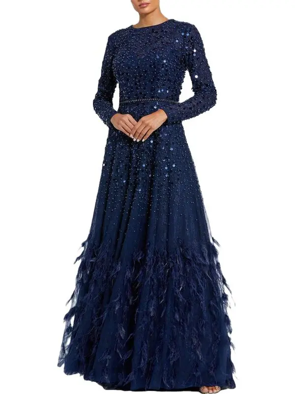 Mac Duggal Disc Embellished Sequin Gown With Feather Detail - Midnight