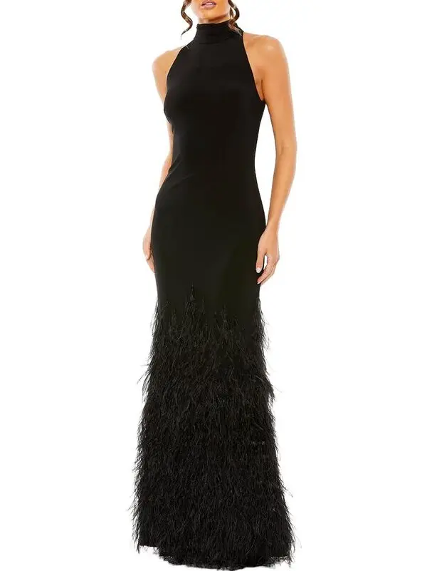 Mac Duggal Feather Tiered Halter Gown - Black