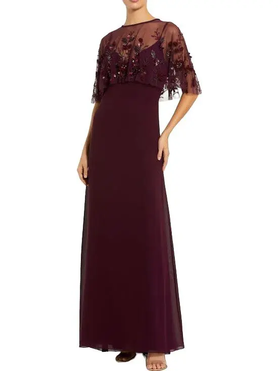 Mac Duggal Sleeveless Embellished Cape Gown - Plum
