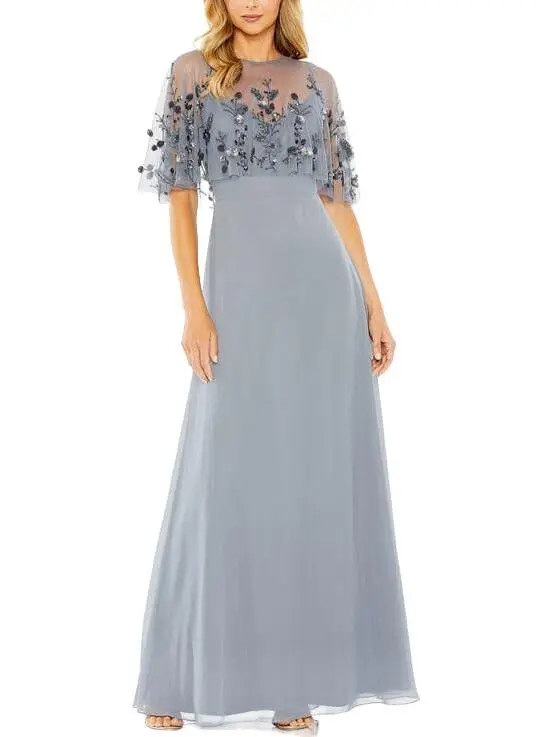 Mac Duggal Sleeveless Embellished Cape Gown - Slate Blue