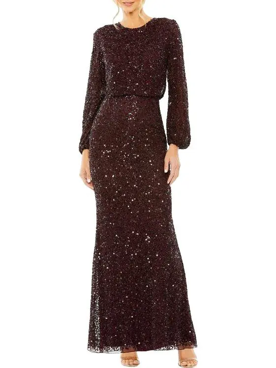 Mac Duggal High Neck Long Sleeve Beaded Blouson Gown - Blackberry