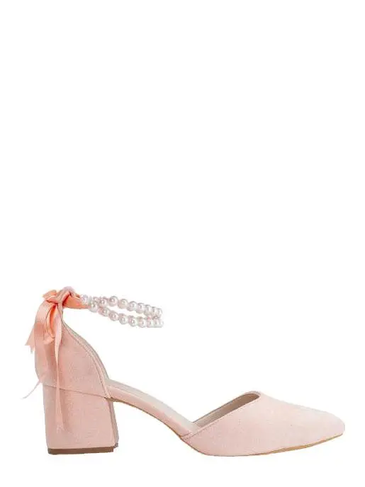 FOREVER & ALWAYS SHOES Miranda Pearl Embellished Block Heel Pumps - Coral Suede