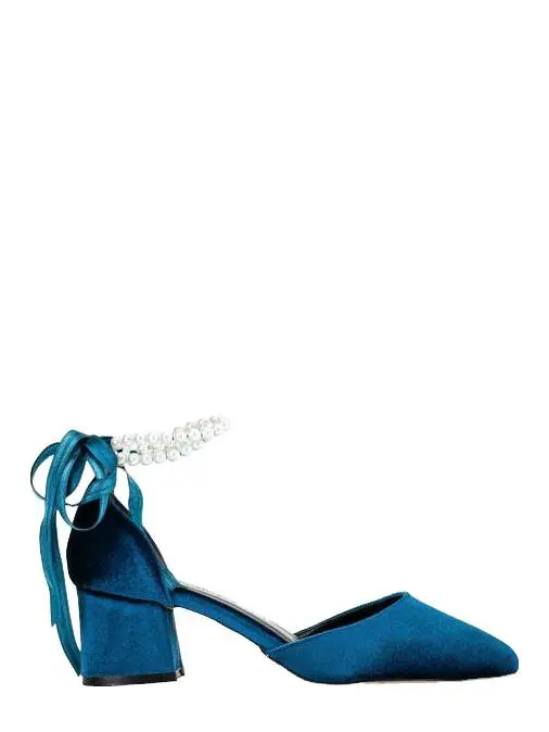 FOREVER & ALWAYS SHOES Miranda Pearl Embellished Block Heel Pumps - Teal Blue Velvet