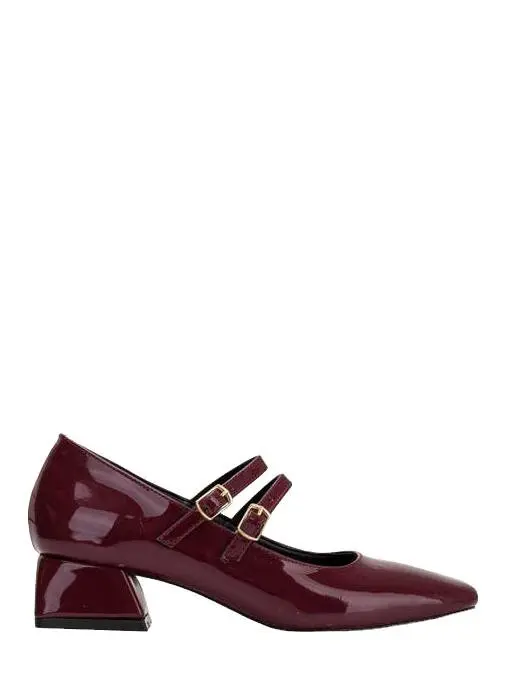 FOREVER & ALWAYS SHOES Lizbeth Mary Jane Shoes With Buckled Straps And Block Heel - Red Cherry