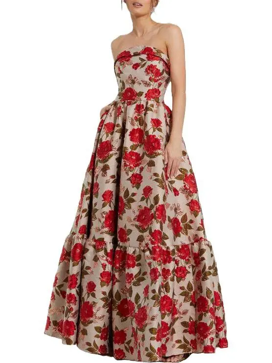 Mac Duggal Brocade Floral Gown With Ruffle Hem - White Multi