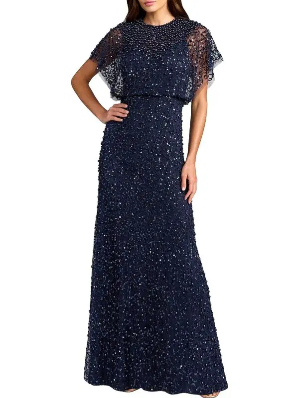 Mac Duggal Beaded Mesh Gown With Shawl - Midnight