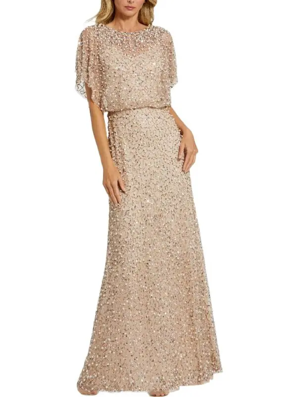 Mac Duggal Beaded Mesh Gown With Shawl - Nude Gold