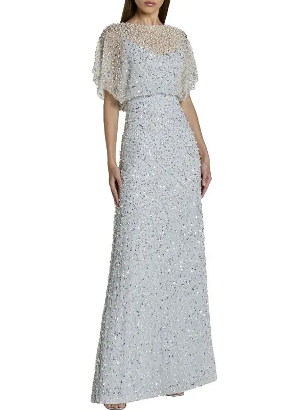 Mac Duggal Beaded Mesh Gown With Shawl - Powder Blue