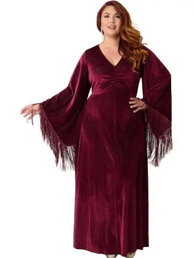 SMAK PARLOUR Fringed Bell Sleeved Maxi Dress - Burgundy Velvet Fringe