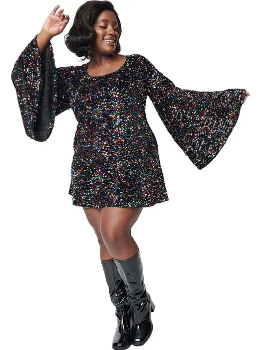 SMAK PARLOUR Angel Sleeve Mini Fit & Flare Dress - Black Rainbow Sequin