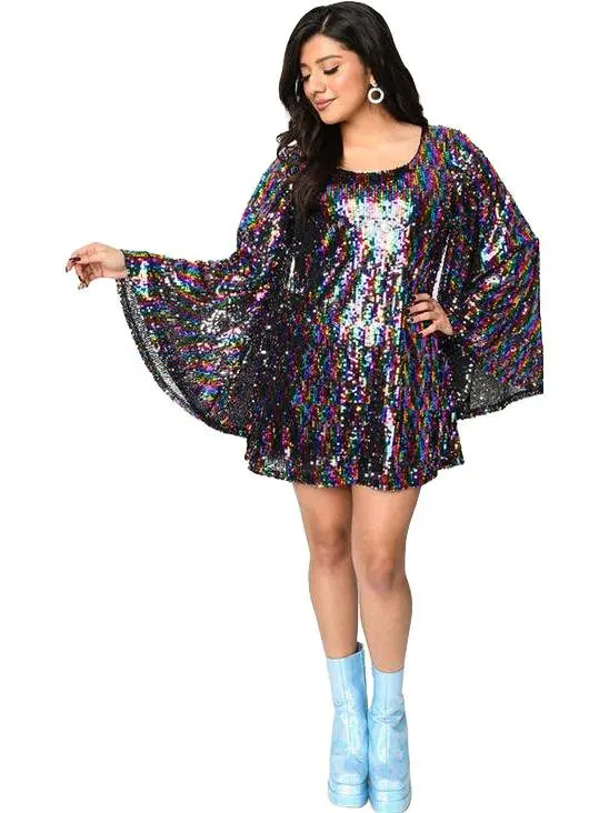 SMAK PARLOUR Angel Sleeve Mini Fit & Flare Dress - Rainbow Sequin