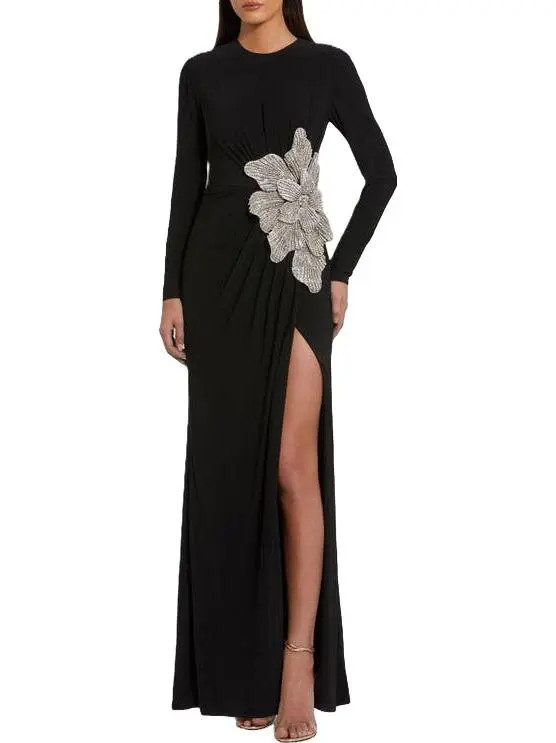 Mac Duggal Embellished Flower Jersey Gown With Slit - Black