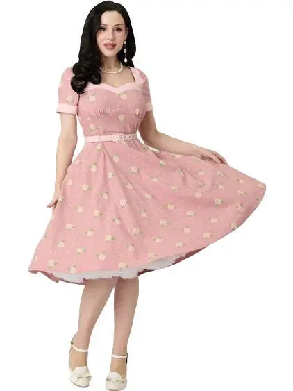 Unique Vintage 1950s Sweetheart Swing Dress - Light Pink Roses Print