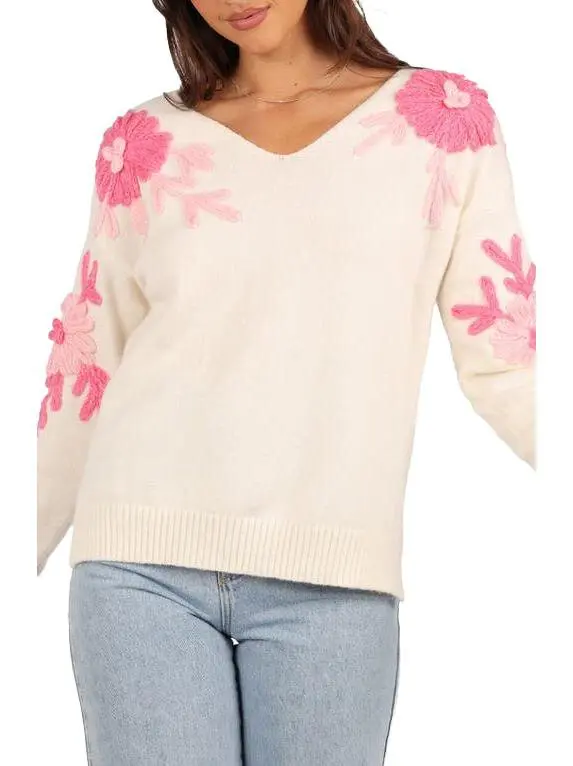 PETAL & PUP Celeste Embroidered V-neck Sweater - Cream/ Pink
