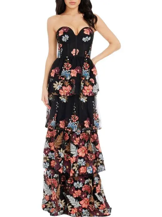 Dress The Population Layana Floral Embroidered Gown - Canyon Clay Multi