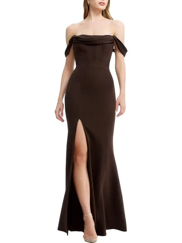 Dress The Population Melania Off-the-shoulder Gown - Mocha