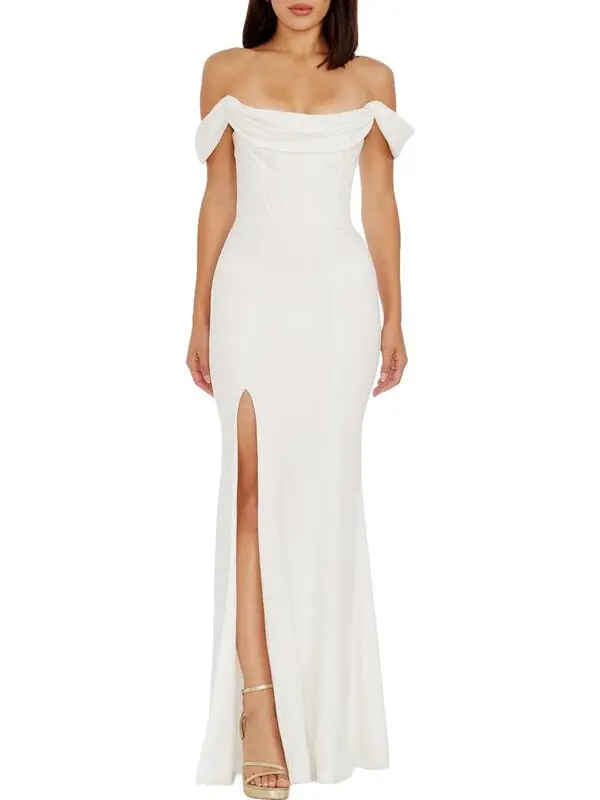 Dress The Population Melania Off-the-shoulder Gown - White