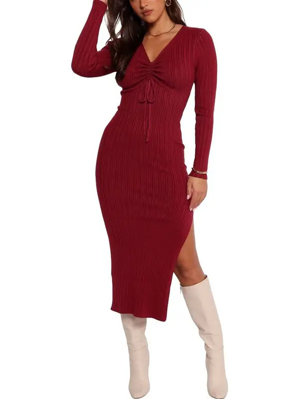PETAL & PUP Irene Long Sleeve Sweater Dress - Wine