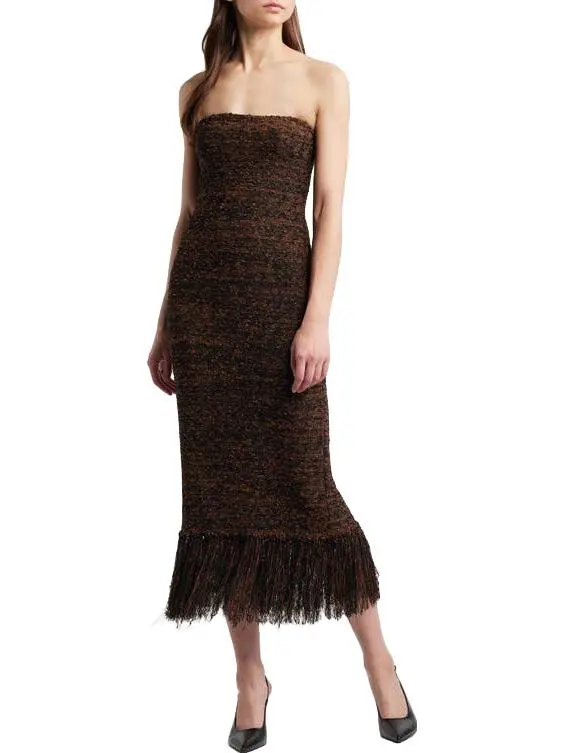 FRAME Strapless Fringe Bouclé Dress - Espresso Multi