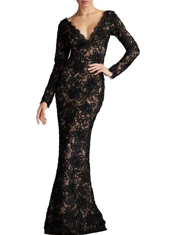Tadashi Shoji Lace Plunge Neck Gown - Black/ Nude