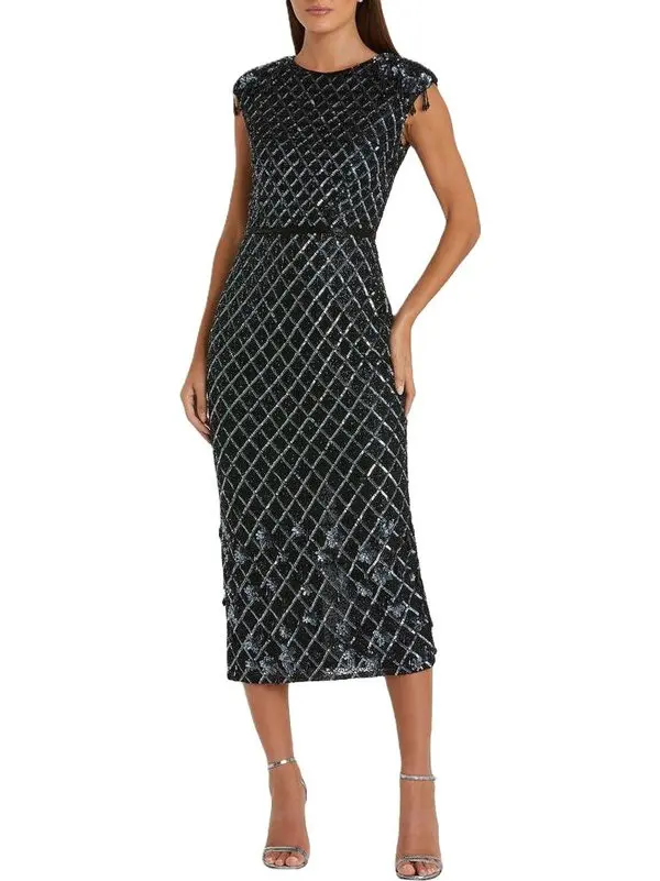 Mac Duggal Fringe Detailed High Neck Midi Dress - Black