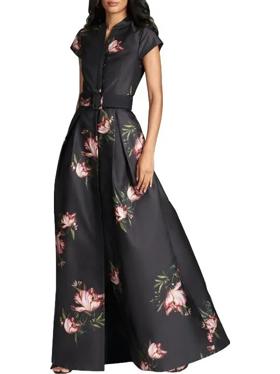 Sachin & Babi Marta Floral Print Belted Satin Gown - Noir Blossom