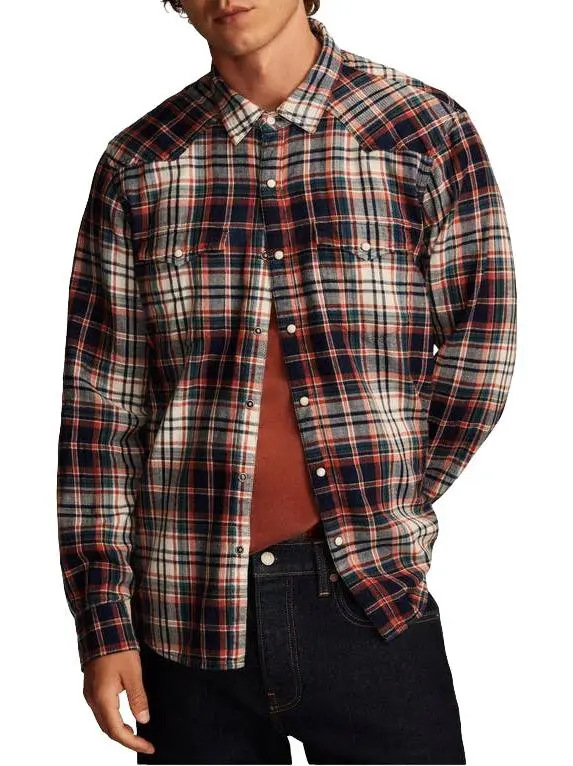 Lucky Brand Indigo Plaid Flannel Snap-up Western Shirt - Indigo Red Plaid