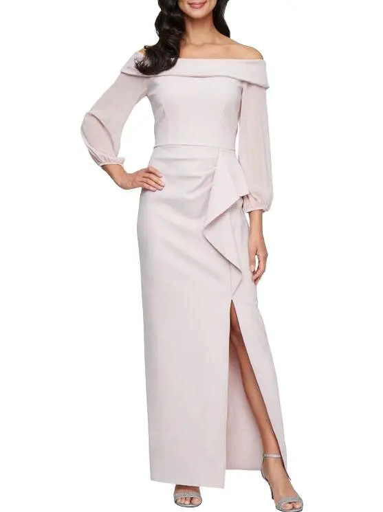 Alex Evenings Off The Shoulder Long Sleeve Gown - Blush