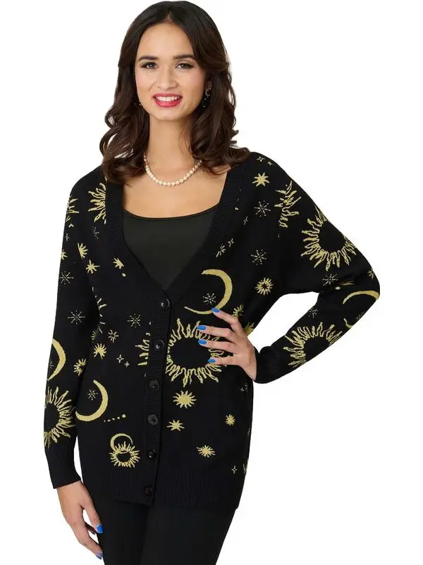 Unique Vintage Printed Knit Long Cardigan - Black & Gold Celestial