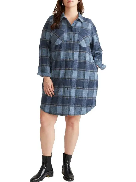 Universal Standard Long Sleeve Check Flannel Shirtdress - Heather Fog Plaid Blue