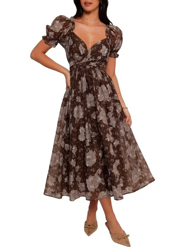 PETAL & PUP Farryn Floral Midi Dress - Brown/grey