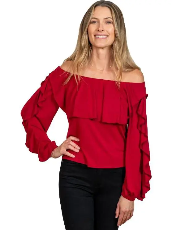 JJWINKS Vixen Off-the-shoulder Long Sleeve Ruffle Top - Crimson