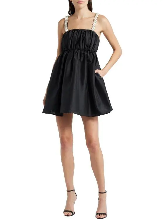 HUTCH Faux Pearl Strap Babydoll Mini Dress - Black