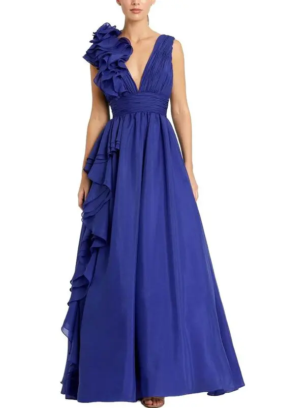 Mac Duggal Ruffle Shoulder V-neck Gown - Cobalt