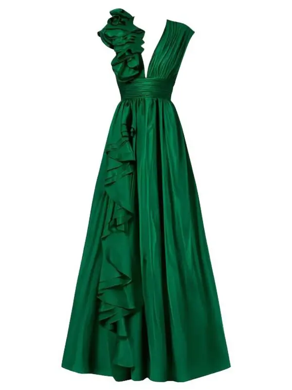Mac Duggal Ruffle Shoulder V-neck Gown - Emerald