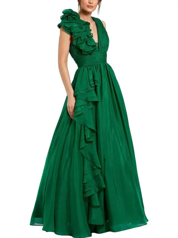 Mac Duggal Ruffle Shoulder V-neck Gown - Emerald